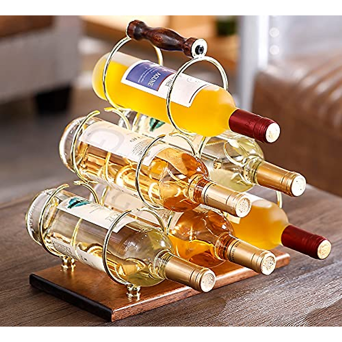 Fadak Countertop Wine Rack, Tabletop 6 Bottles Wood Wine Holder, Sturdy Handle, 3-Tier Rustic Classic Design, Simple Assembly, Wood & Metal (Gold)