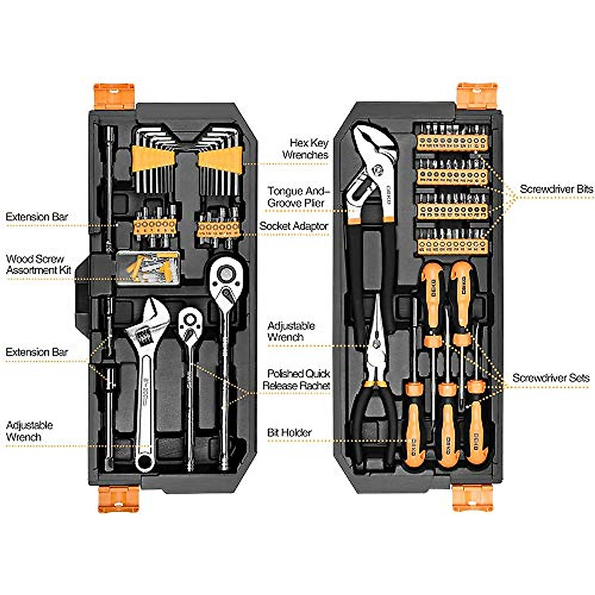 DEKOPRO 192 Piece Mechanics Tool Set Socket Wrench Set, Plastic Storage Case with Auto Repair Hand Tool Kit Wrench Tool Box Set
