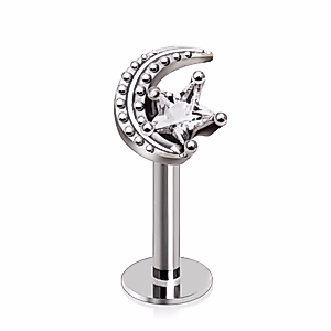 Pierced Owl 316L Stainless Steel Moon and CZ Crystal Star Labret Monroe Cartilage Ear Stud