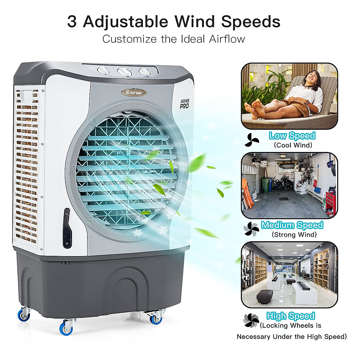 COSTWAY Evaporative Air Cooler, 3450 CFM Swamp Cooler with 100°Oscillation, 210W Cooling Fan, 3 Speeds & 3 Modes Cools up to 1800 Sq. ft, AC Unit with 4 Universal Casters for Indoor & Outdoor