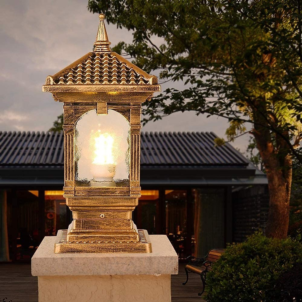 MODEBHD Outdoor IP55 Waterproof Post Lantern European Retro Glass Landscape Column Lights Die-cast Aluminum Metal Pillar Light E27 Decor Fence Garden Street Lawn Lamp Pedestal Pillar Lights