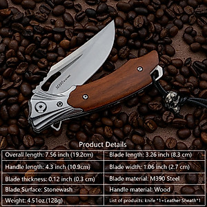 FORESAIL Flipper Pocket Folding Knife,M390 Steel Blade and Wood Handle. With leather case,men's pocket knife hiking trip EDC tool Knife.