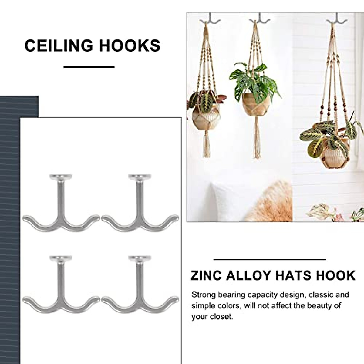 TEHAUX 4 Pcs Coat Hanging Hooks Double Prong Ceiling Hooks Retro Clothes Hat Hooks