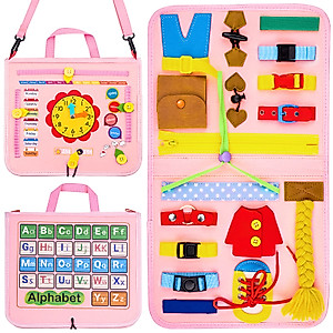 NiToy Busy Board, 19-in-1 Toddler Montessori Toys Ages 3-5, Fine Motor Skills Toys for Preschool Activity Sensory Learning Toys, Pink