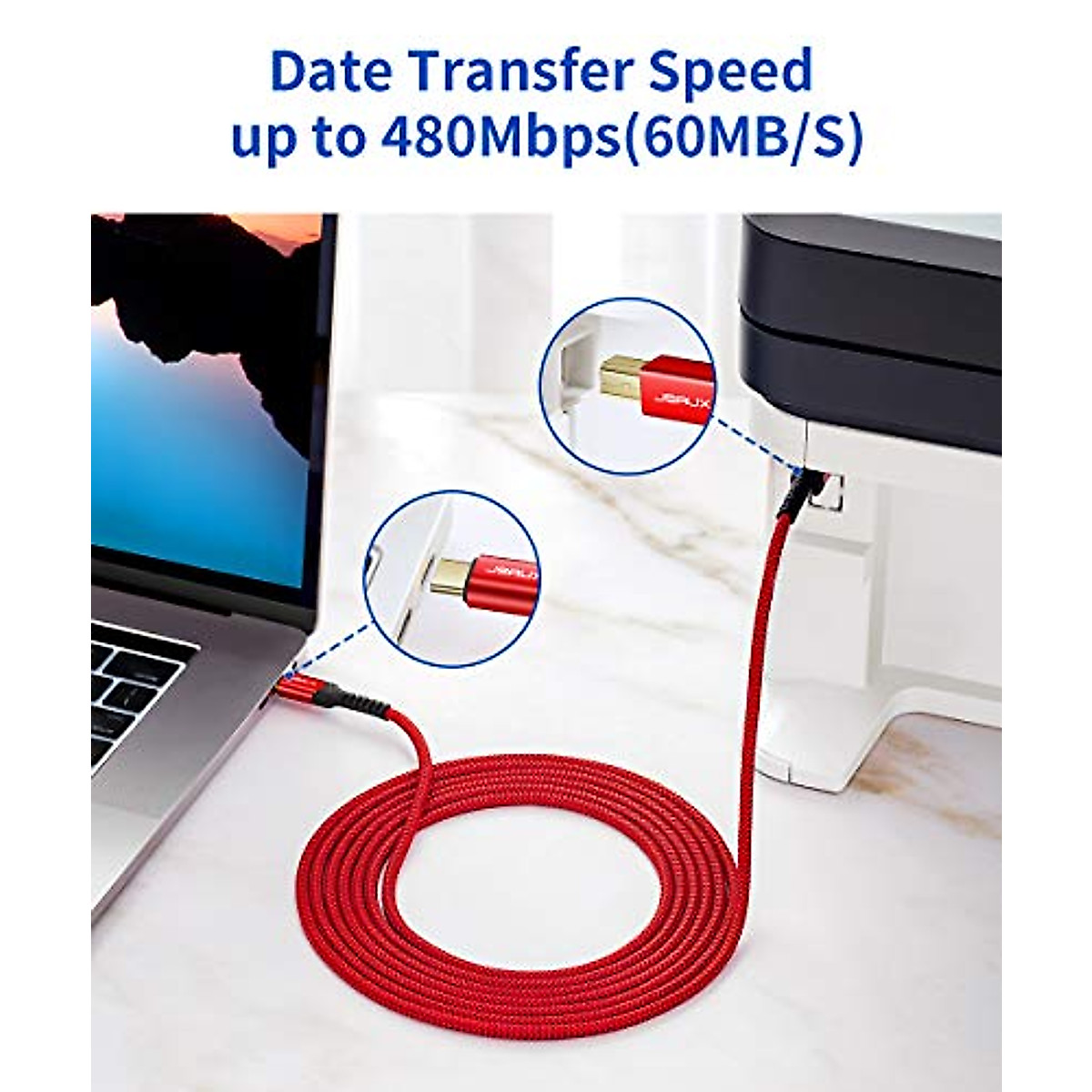 JSAUX USB B to USB C Printer Cable 10ft, USB C to USB B Printer Cable Nylon Braided, USB C MIDI Cable Compatible for MacBook Pro, HP, Epson, Canon, Brother, Lexmark, Xerox Printers and Scanner-Red