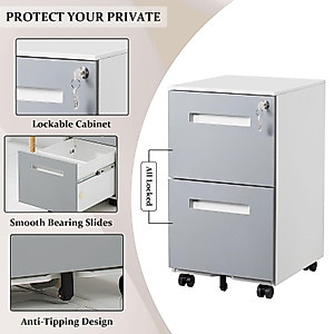 GOOGIC 2-Drawer Mobile File Cabinets, Rolling Metal Vertical Filing Cabinet for Legal & Letter File Anti-tilt Design with Lock Fully Assembled Except Casters, Gray&White(Style 3)