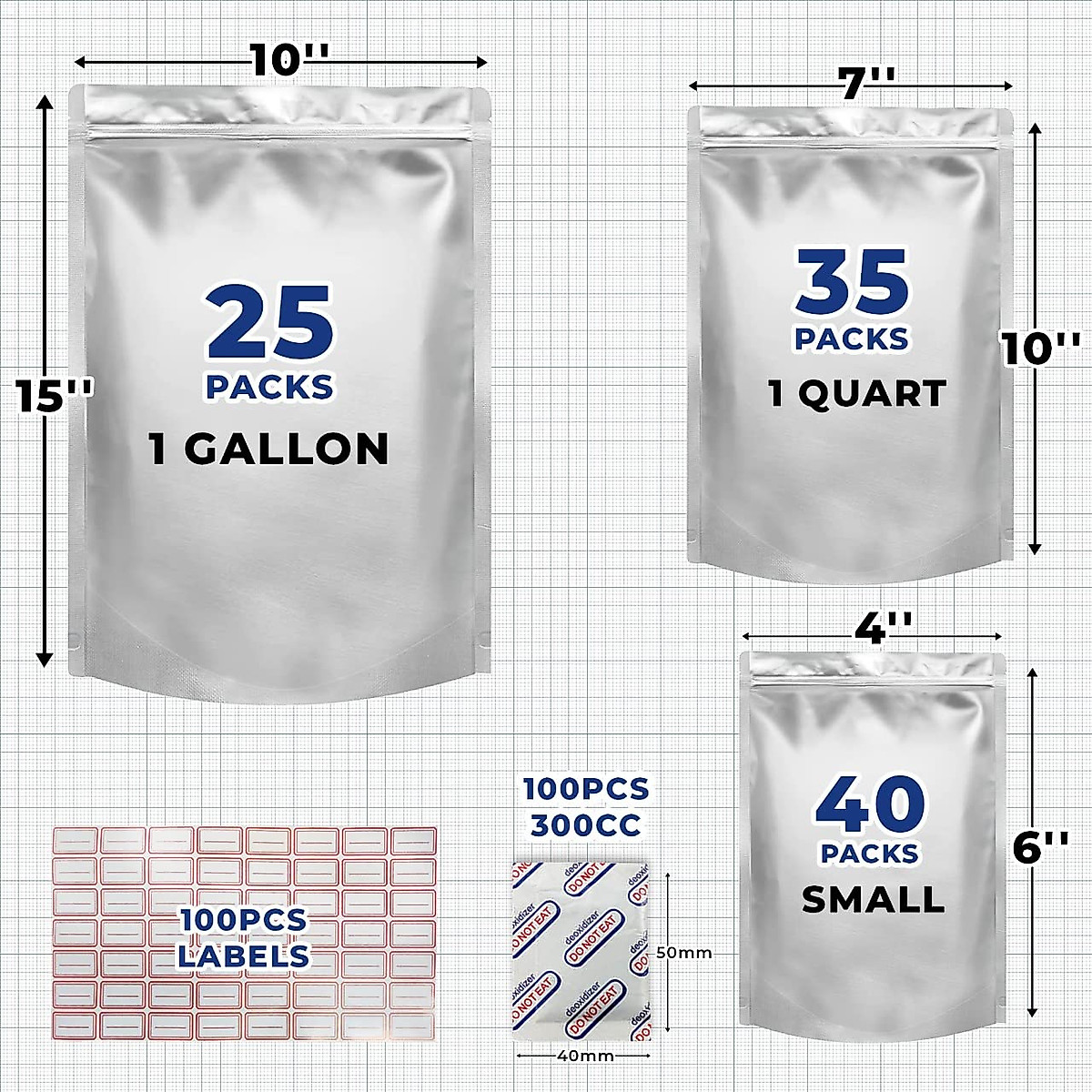 MAGOR 100 pcs Mylar Bags for Food Storage with Oxygen Absorbers +Labels ,1 Gallon 10x15(25pcs),1Quart 7x10(35pcs),small 4x6(40pcs) Stand Up Zipper Resealable Bags heat sealable for long term storage
