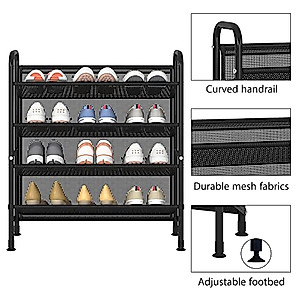 FKUO 4 Tier Shoe rack for closet Mesh fabric narrow Metal shoe racks, Space saving Small Shoe Storage Organizer Shelf for Entryway, Hallway, Dorm Room (Black, 4-Tier)