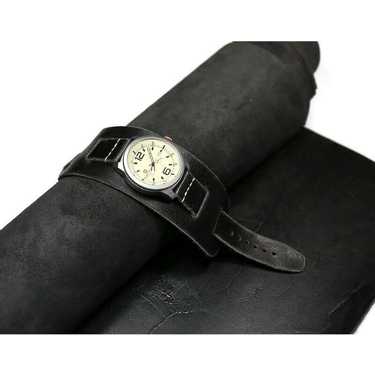 Cuff watch band - leather watch cuff strap black - aviator steampunk bands Handmade 18mm 20mm 22mm 24mm (22mm)