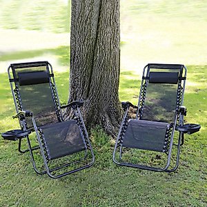 iMounTEK Set of 2 Adjustable Zero-Gravity Reclining Outdoor Lounge Chairs w/Pillows & Cup Holder Side Tray, Supports 330lbs, for Patio, Porch, Deck, Poolside, Beach, Lawn, Yard - Black/Blue/Brown/Tan