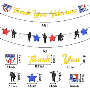 JAPBOR 2Pcs Gold Glitter Thank You Veterans Banner, Memorial Day Patriotic Veterans Day Party Decorations, Glitter Red White Blue Stars Soldiers Veterans Sign Decor Supplies for Home Background Wall
