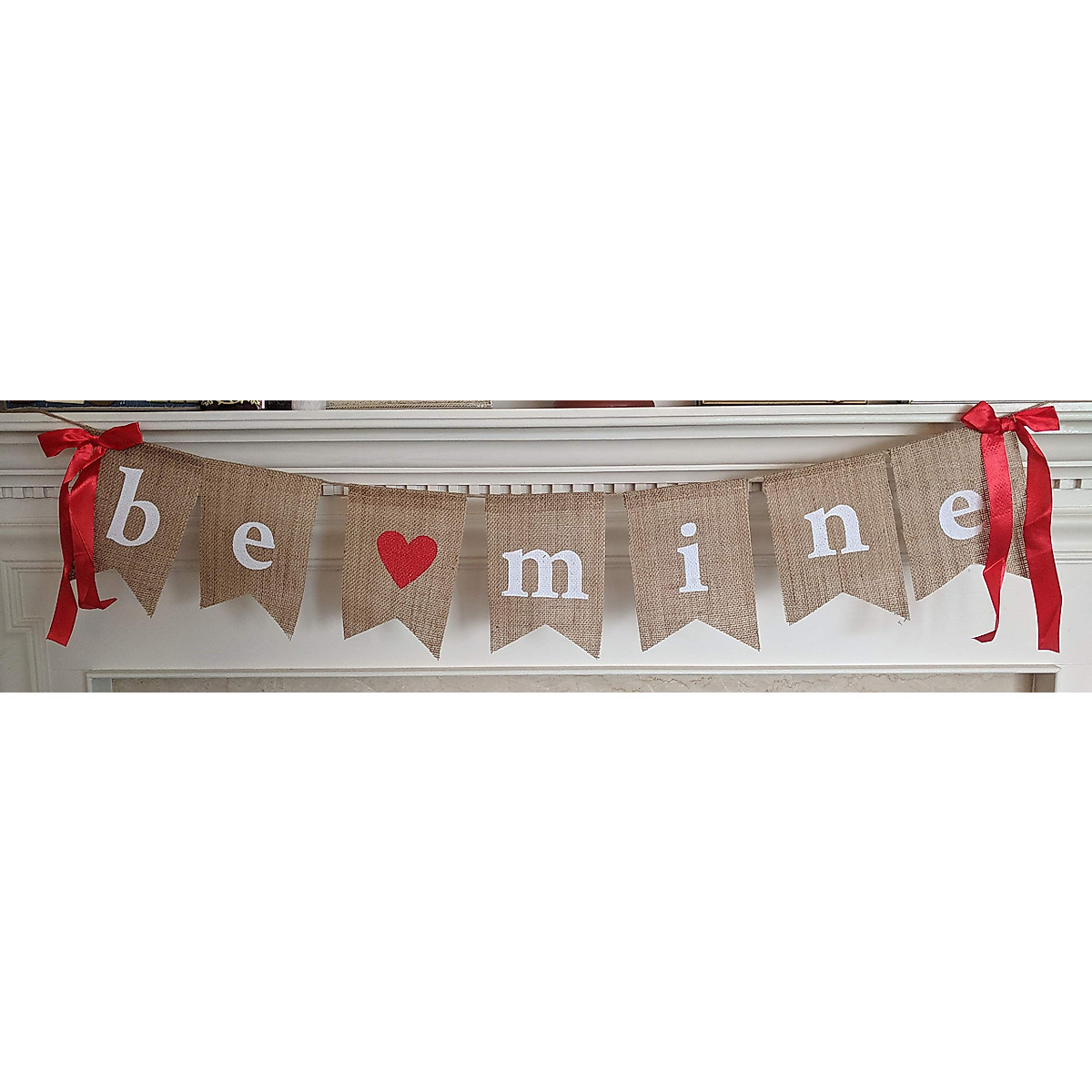Be Mine Valentines Day Banner - Red Ribbon Heart Mantle Decor - Valentine's Burlap Garland Home Decoration - Valentine Engagement Photo Party Props by Jolly Jon