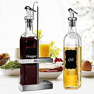 GMISUN Oil And Vinegar Dispenser Set- Comes With Stainless Steel Holder Rack, Clear Glass Olive Oil Dispenser Bottle For Kitchen, Cooking Oil & Vinegar Cruet Set, 2 Pack