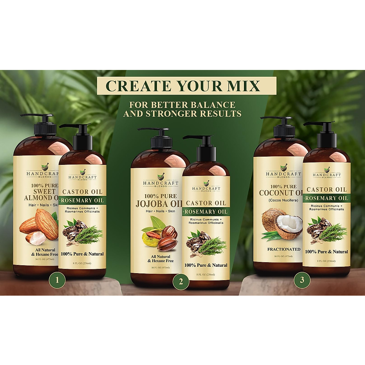 Handcraft Blends Castor Oil with Rosemary Oil for Hair Growth, Eyelashes, Eyebrows - 100% Pure and Natural Carrier Oil Hair, Body Oil - Moisturizing Massage Oil for Aromatherapy - 8 fl. Oz