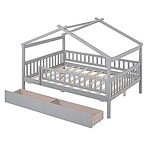 Merax Full Size Wooden House Bed with Two Drawers, Wood Bed Frame with Roof and Safety Guardrail for Kids, Teens, Boys or Girls, Gray