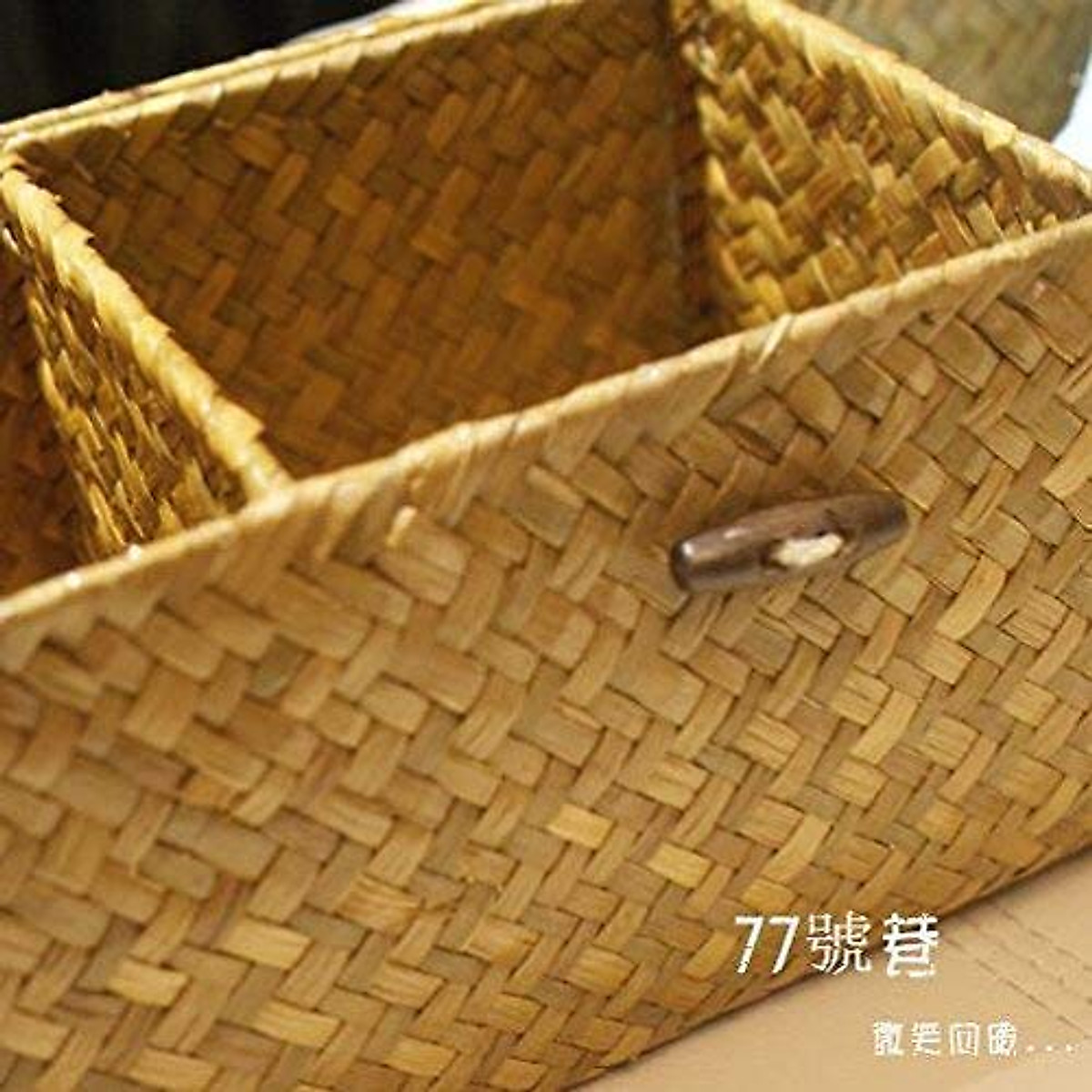 3 Grids Hand-Woven Water Hyacinth Baskets With Lid, Straw Storage Basket