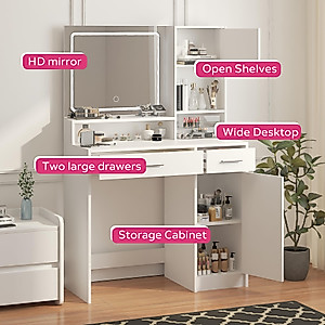 MIRROTOWEL Vanity Desk with Mirror and LED Light Strip,Dressing Table with Large Drawer, 3 Level Storage Dresser & 3 Lighting Modes Adjustable Brightness, Suitable for Bedroom