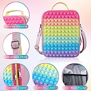Pop Lunch Box for Girls Kids Insulated Lunch Bag, Rainbow Push Bubble Girls Lunch Box for School Supplies Office, Leakproof Cooler Lunch Tote Bag with Adjustable Strap, Birthday Back to School Gifts