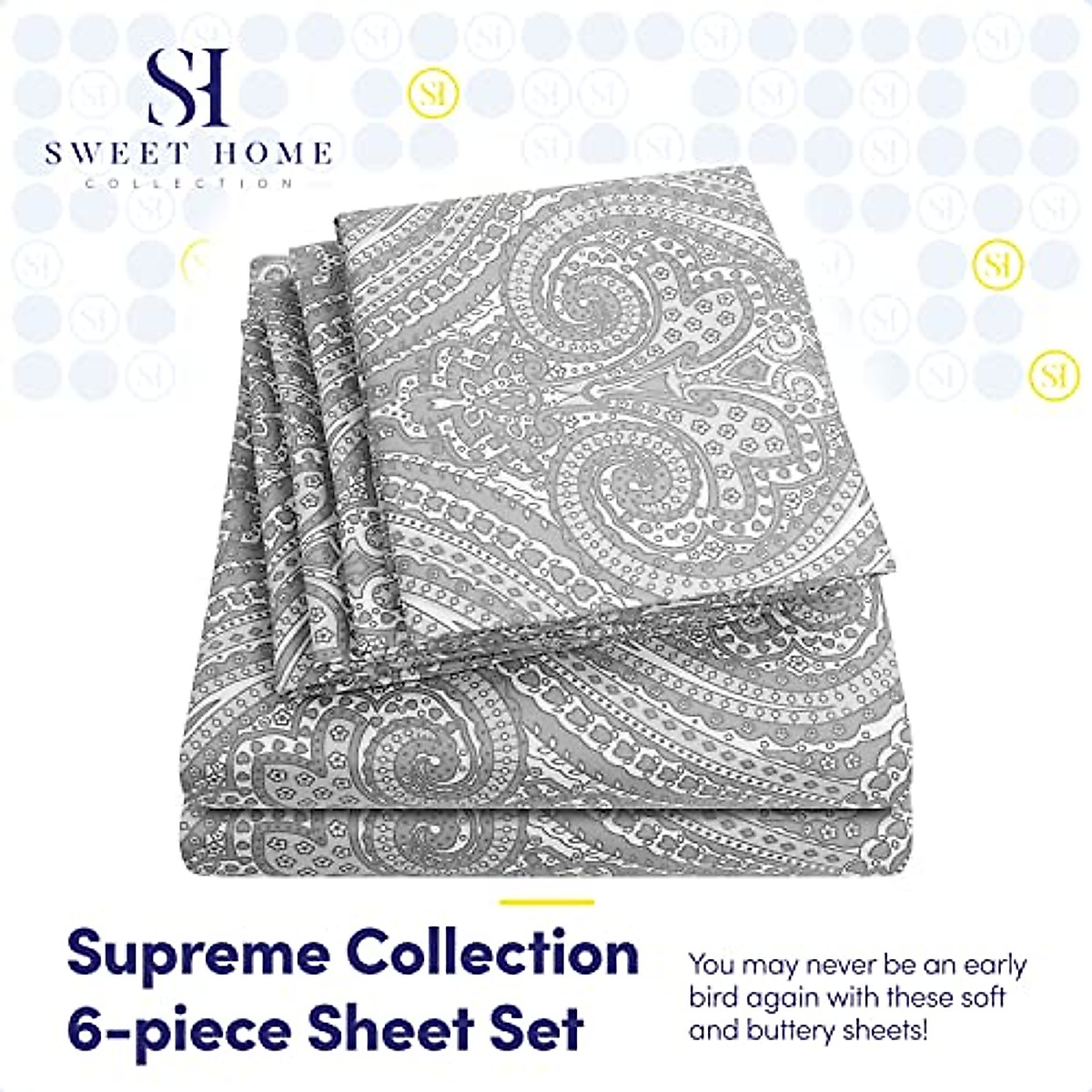 Queen Sheets Paisley Grey - 6 Piece 1500 Supreme Collection Fine Brushed Microfiber Deep Pocket Queen Sheet Set Bedding - 2 Extra Pillow Cases, Great Value, Queen, Paisley Gray
