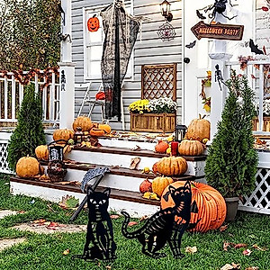YEAHOME Halloween Decorations Outdoor, 2 Pack Skeleton Black Cat Garden Stakes for Halloween Decor, Scary Metal Cat Silhouette Yard Signs for Outside Garden Lawn Patio Party Decorations