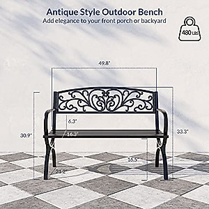 BELLEZE Patio Outdoor Garden Bench, 50 inch Cast Iron Metal Loveseat Chairs with Armrests for Park, Yard, Porch, Lawn, Balcony, Backyard, Antique Seat Furniture, Black