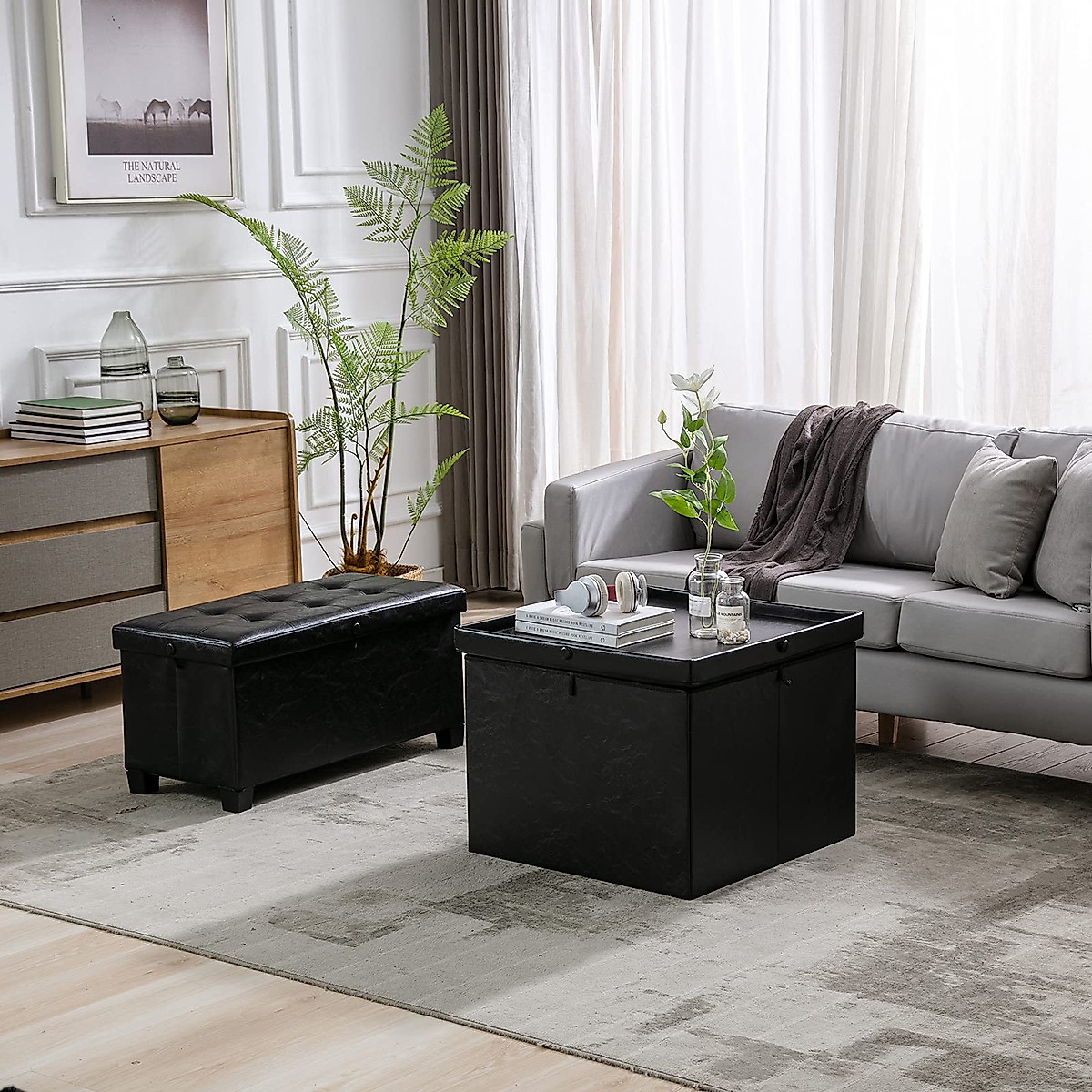 UHSTORAGE Large Square Storage Ottoman Coffee Table with Tray, Faux Leather Storage Ottoman for Living Room Comfortable Footstool with Resilient Sponge Padded Seat, Black