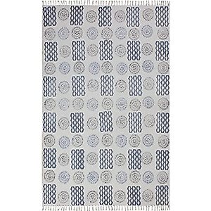 Casavani Hand Block Printed Rug Abstract Blue & Beige Tassel Rug Easy Care Washable Rugs for Doormat Entryway Living Room Bedroom Hallway Balcony 2.6x8 Feet Runner
