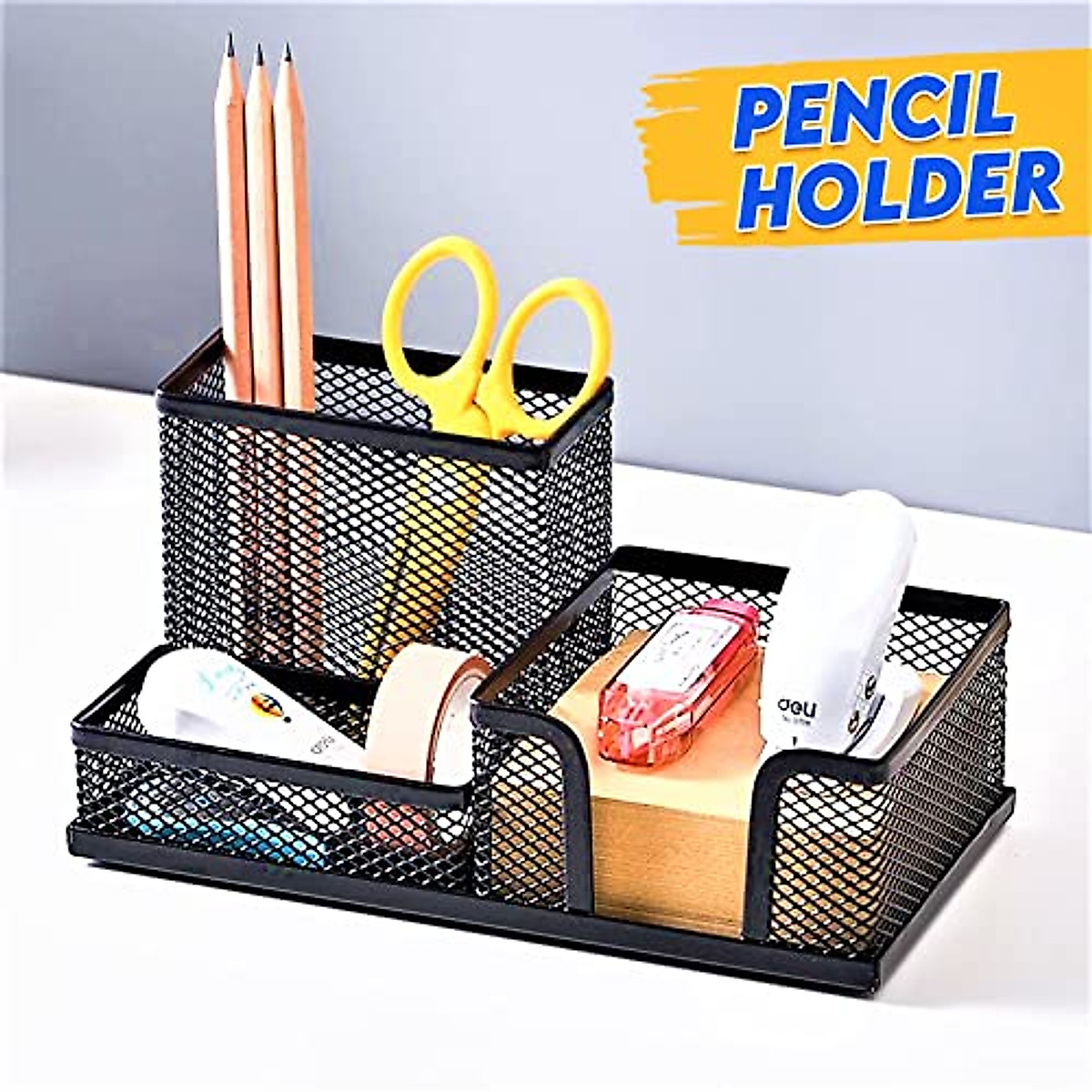 SAWYBISH 2 Pack 3 in 1 Mesh Pen Holder for Desk, 3 Compartments Pencil Holder Desk Organizer Caddy with Sticky Notes Holder Easy Storage Suitable for Home, Office and School
