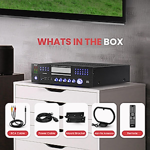Pyle 4-Channel Wireless Bluetooth Power Amplifier - 1000W Stereo Speaker Home Audio Receiver w/FM Radio, USB, Headphone, 2 Microphone w/Echo, Front Loading CD DVD Player, LED, Rack Mount, Black