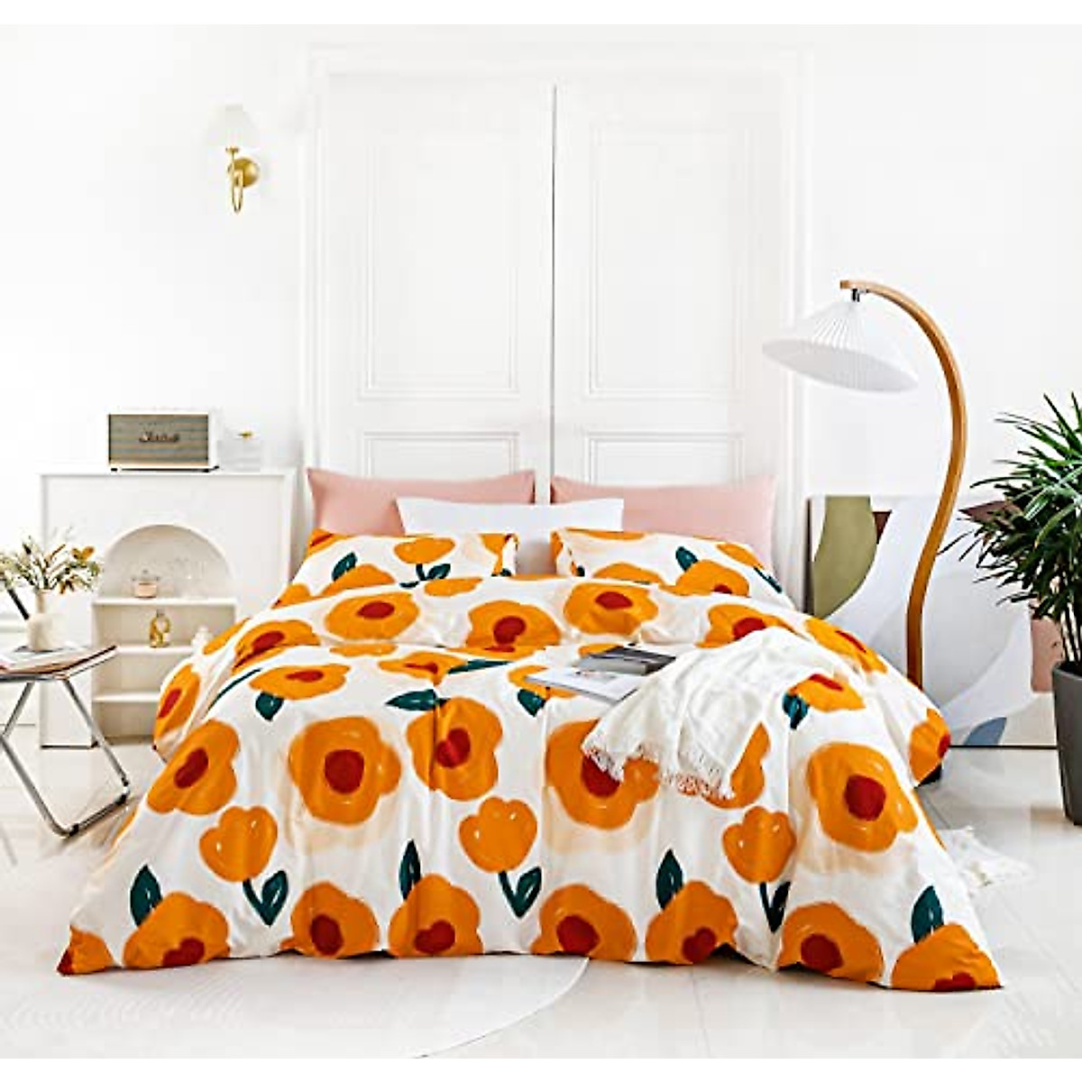 YuHeGuoJi Orange Floral Duvet Cover Queen Size 100% Cotton Botanical Flower Duvet Cover 3 Pcs Set 1 Cartoon Plant Patterned Duvet Cover with Zipper Ties 2 Pillowcases Cute Red Flower Bedding Set