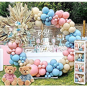 Uptotop 4 Pcs Baby Boxes with 30 Letters and 36 Balloons and 4 fairy string lights, for Baby Shower Gender Reveal Girl Boy Blocks Birthday Party Balloon Box Decorations(A-Z + BABY) 