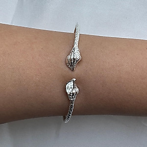 Solid .925 Sterling Silver Bangle Cuff Bracelet Large For Women Gold Plated Jewelry Stretch Bracelets Friendship Gift Birthday Gifts West Indian Bangle Sea Shell Ends - 1 piece (Silver, 7)
