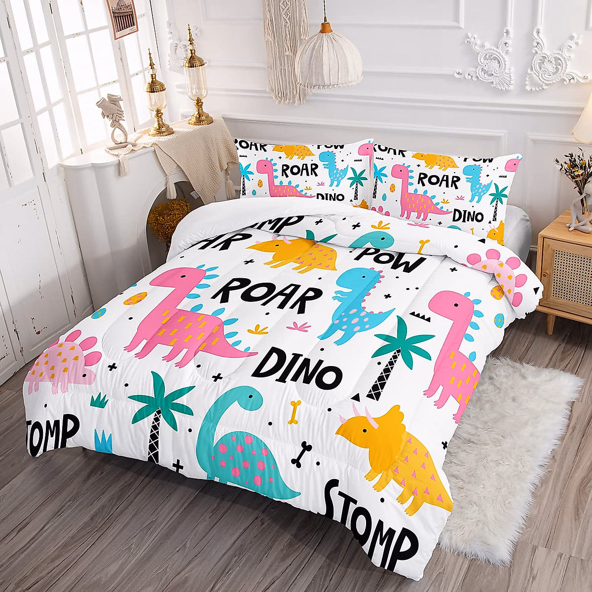 Axolotl Girls Bedding Cartoon Dinosaur Comforter Set Twin Size,Cute Dinosaur Bedding Set for Girls Teens Kids Boys Adults Room Decor,Kids Comforter Set All Season,1 Quilt 2 Pillow Cases,White