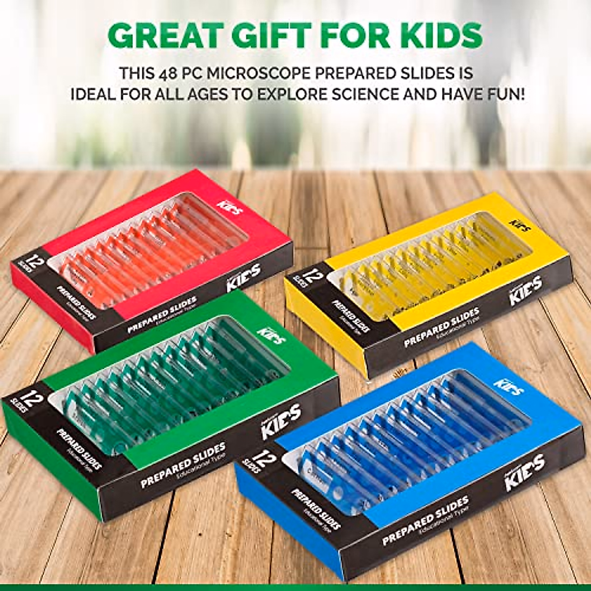 AMSCOPE-Kids 48pcs Kids Plastic Prepared Microscope Slides of Animals Insects Plants Flowers Sample Specimens for Stereo Microscopes