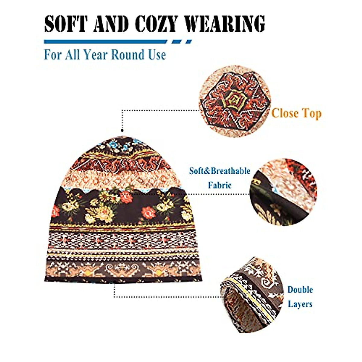 ELLEWIN Slouchy Beanie for Women Cute Floral Headwear Beanie Hats Thin Beanies Snood Hats Slouchy Retro Tribal Printed Hair Covering Thin Hippie Beanies Casual Skullies Beanies Dual Use Boho Hats