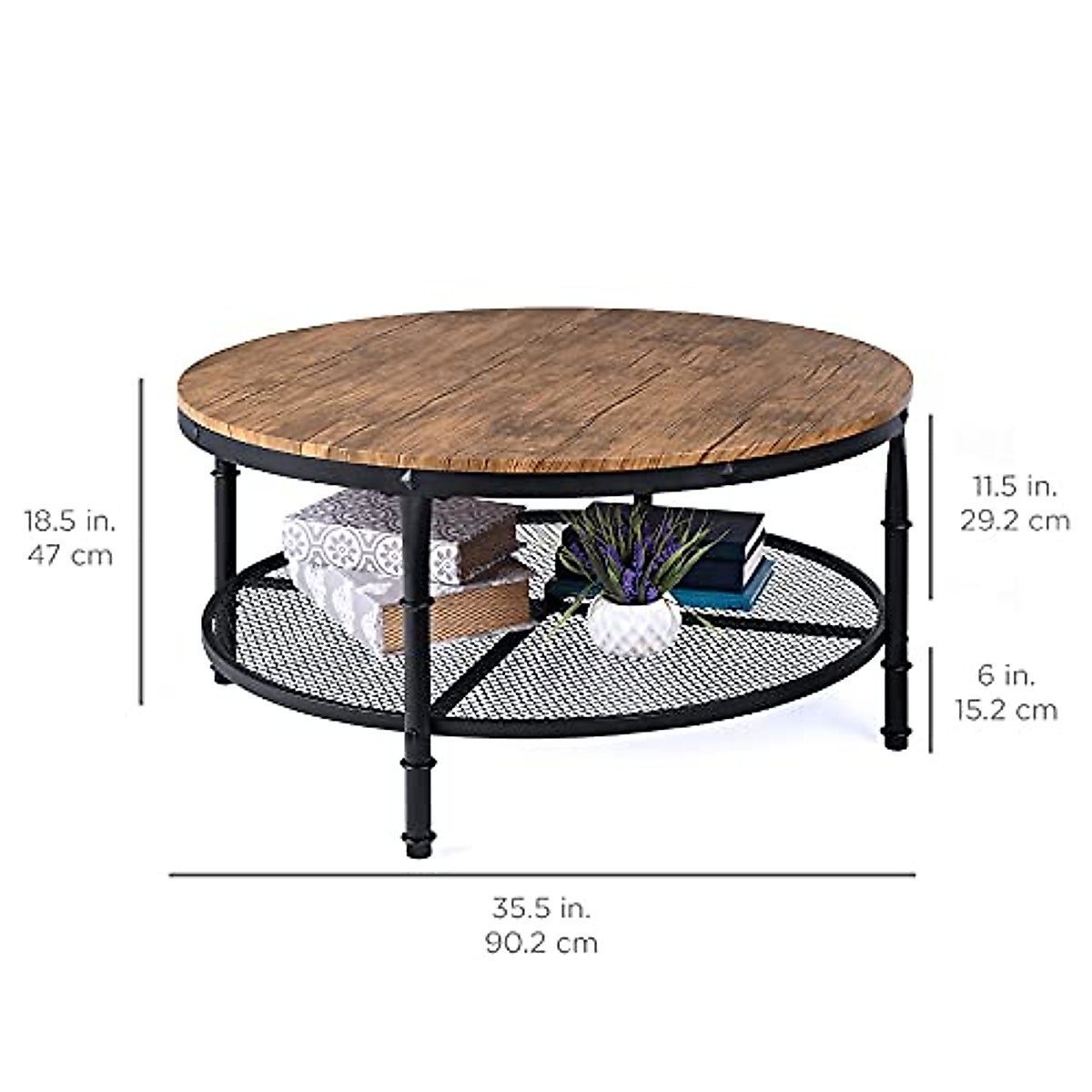 Best Choice Products 2-Tier 35.5in Round Industrial Coffee Table, Rustic Steel Accent Table for Living Room, w/Wooden Tabletop, Reinforced Crossbars, Padded Feet, Open Shelf, Raised Bottom - Brown
