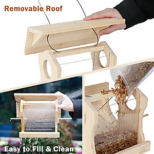 Solution4Patio Wooden Bluebird Mealworm Feeder, W/Perches, Two Side 3.2" Dia Entry Holes, Metal Mesh Tray, Large Capacity, Easy to Clean & Fill, 8.6" W x 5.6" D x 8.2" H, B101D01-US