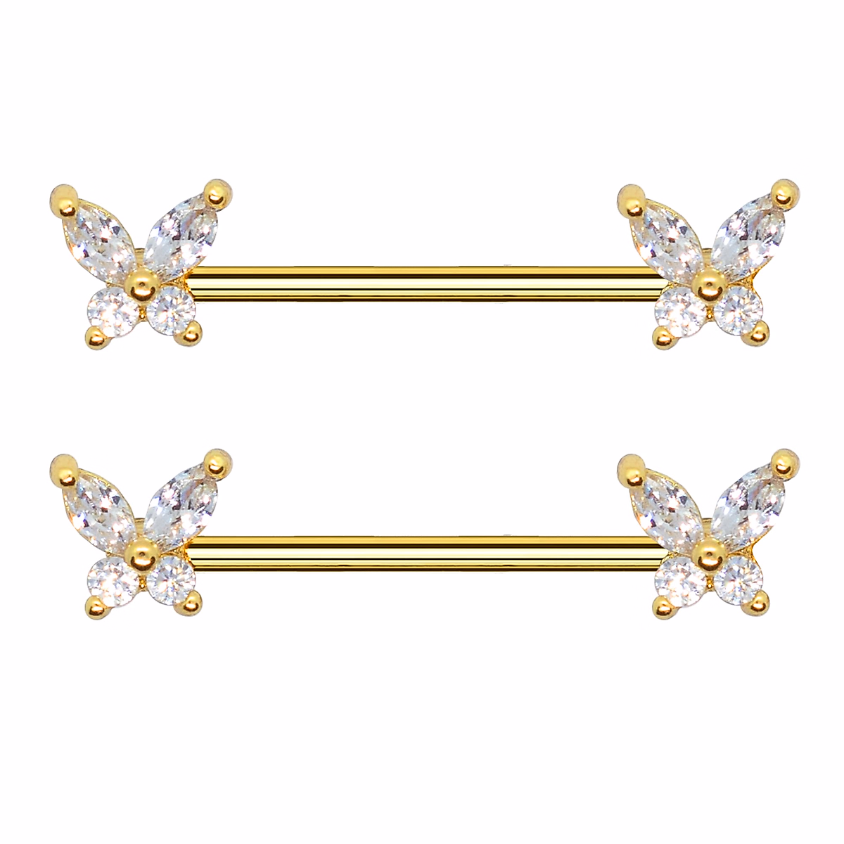 Pierce2GO Pair of Anodized Gold 316L 14G Butterfly Nipple Rings with CZ Stones Piercing Women - 9/16" Barbell