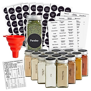 Talented Kitchen 14 Pack Glass Spice Jars with 269 Spice Labels, Empty Square Spice Bottles Containers 4 oz with Pour/Sift Shaker Lid, Spice Organization and Storage (Water Resistant)