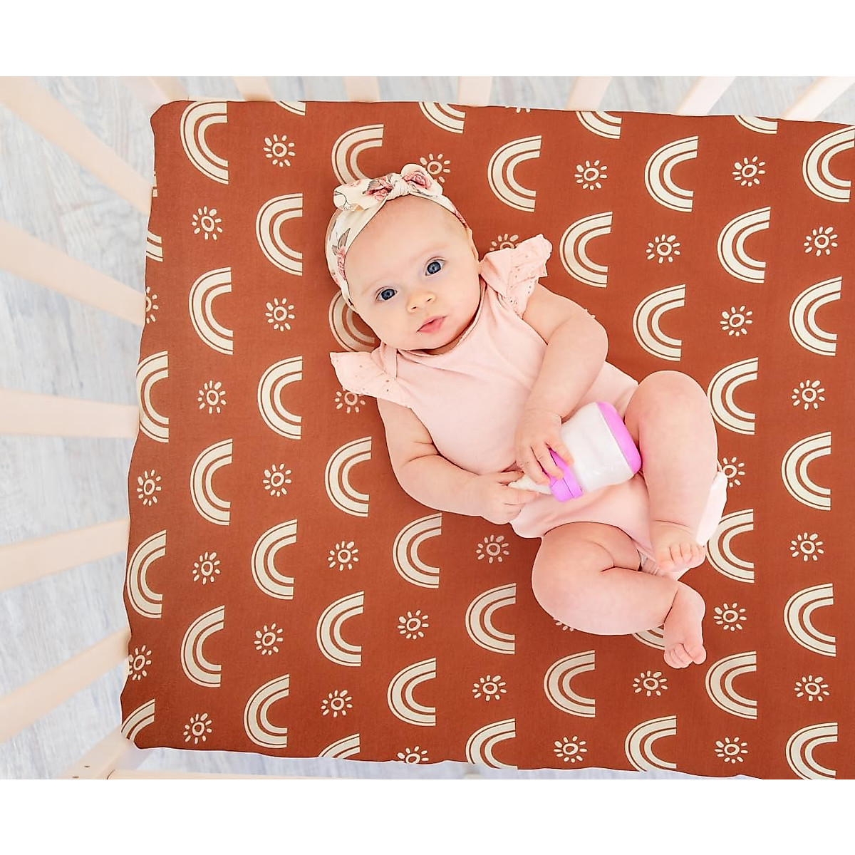 4 Pack N Play Sheets Mini Crib Sheets Boho Nursery Sheets Sunshine and Rainbow Desdign Neutral Unisex Fitted Baby N Play Sheets Mini Crib Sheets for Baby Boys or Girls (N Play Sheets)