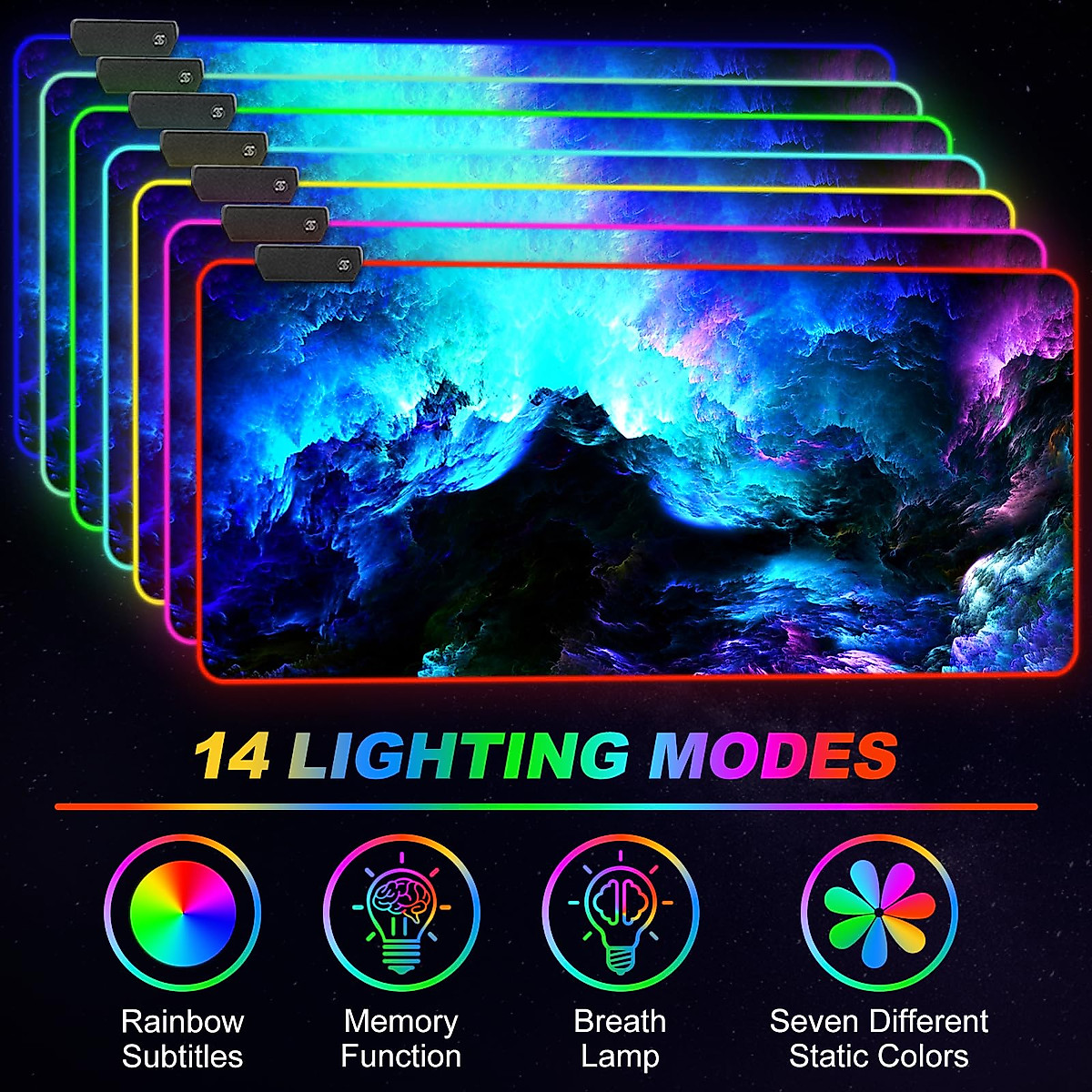 ARTSO RGB Gaming Mouse Pad Large, Extended LED Mouse Mat XXL 35.4x15.7 inch, 14 Lighting Modes, 2 Brightness, Non-Slip Rubber Base Mousepad Waterproof Keyboard Mat,Fantasy Nebula Sky