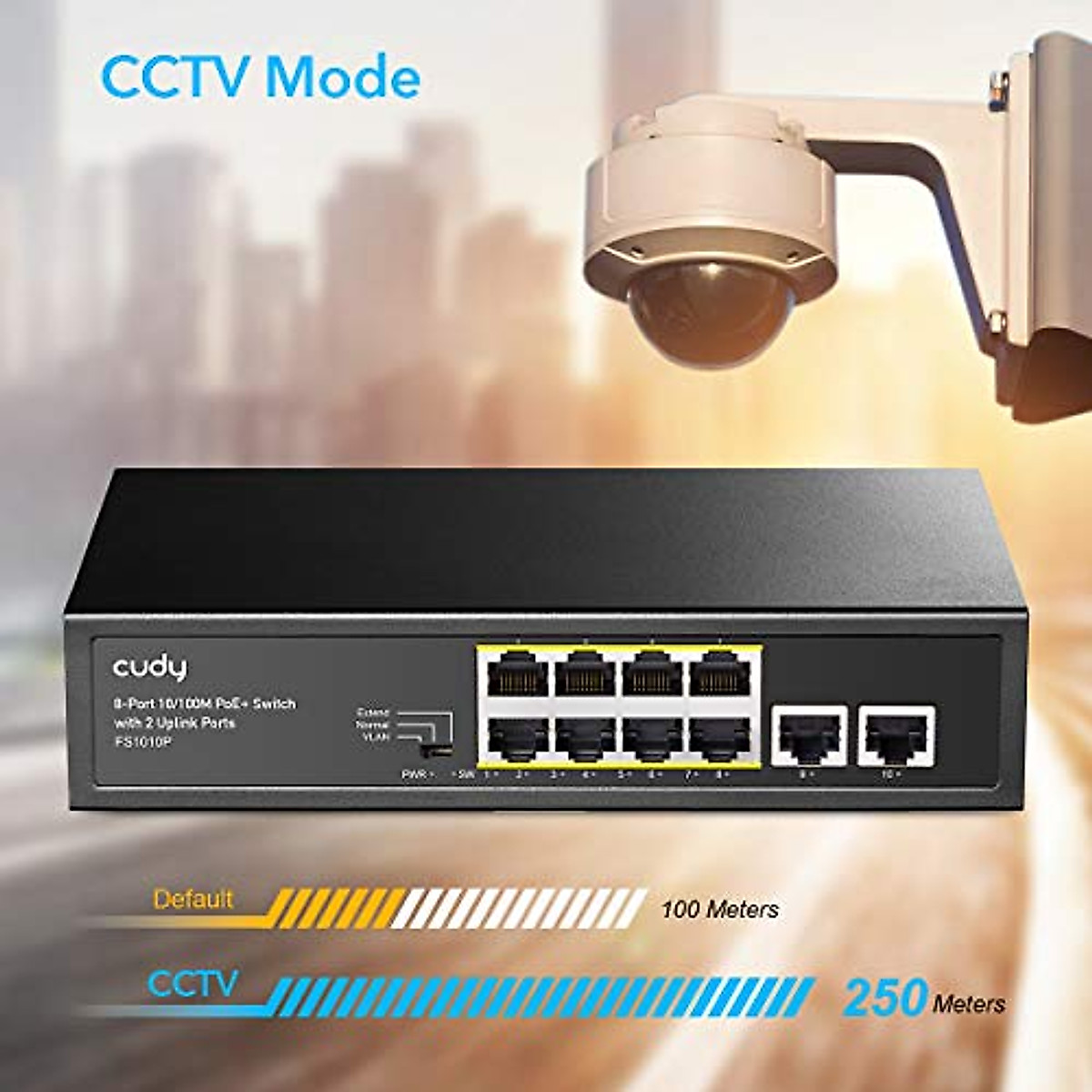 Cudy 8 Port PoE+ Switch with 2 Uplink Ports 120W, 8 10/100Mbps PoE+@120W, Extend/VLAN Mode, 802.3af, 802.3at Standard, Fanless, Watchdog, Plug and Play FS1010P