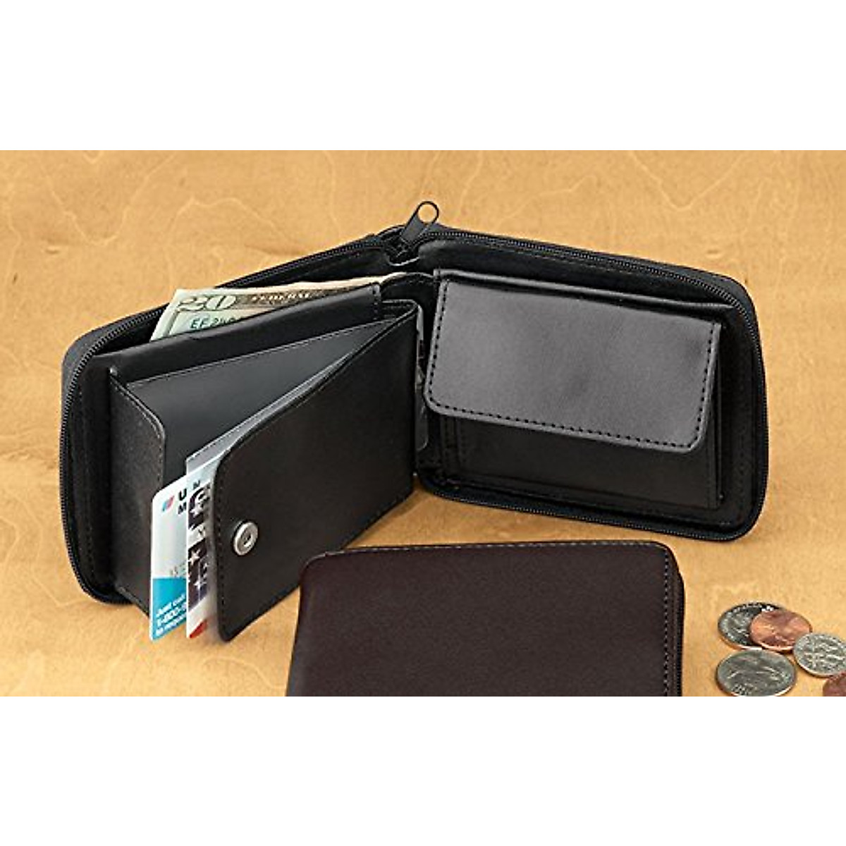 Miles Kimball Genuine Leather Wallet, Zipper Closure - Measures 9 1/2" Long x 3 1/2" Wide Open, Black