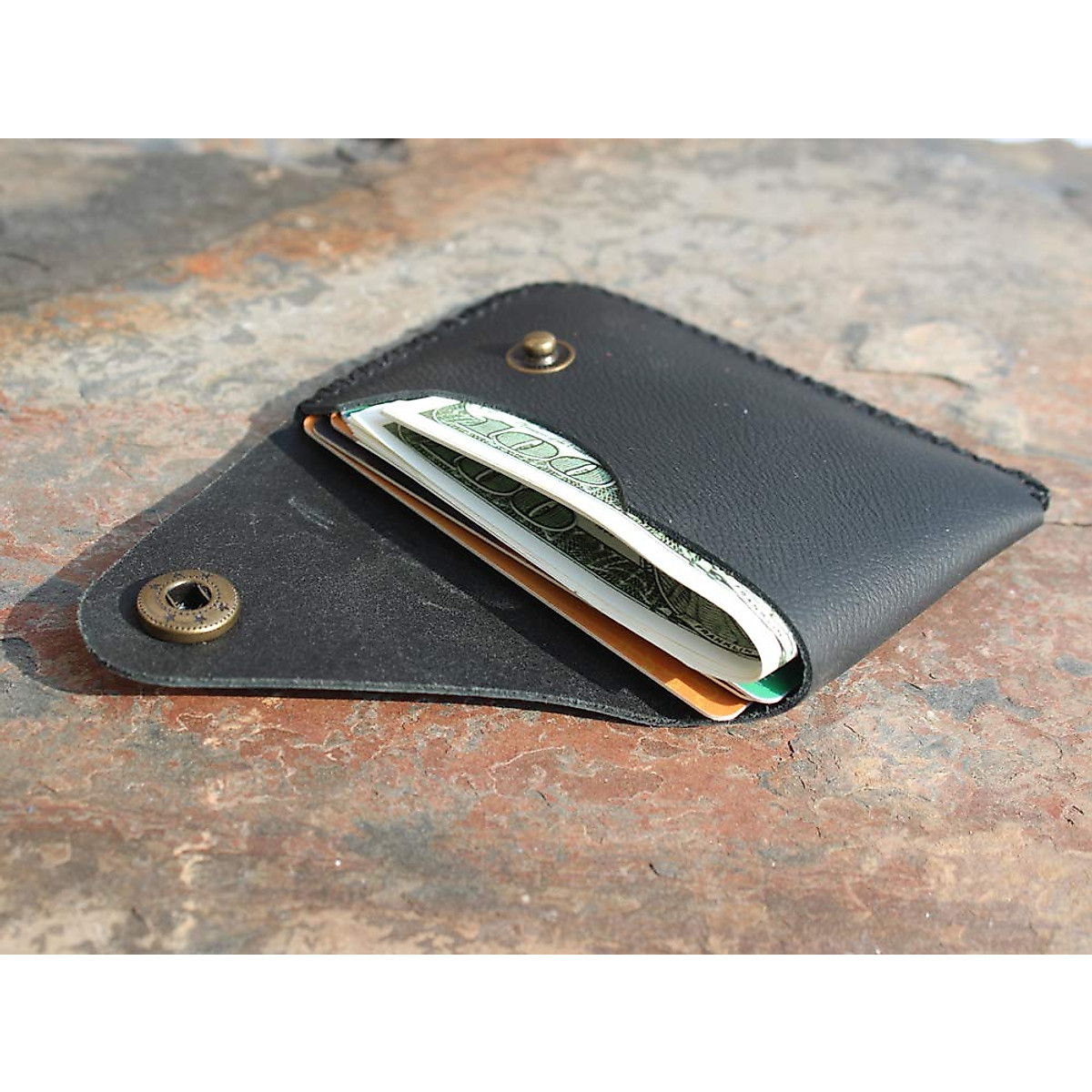 Black Hand-sewn front pocket card organizer wallet Minimalist Genuine Leather Card Case Wallet Small