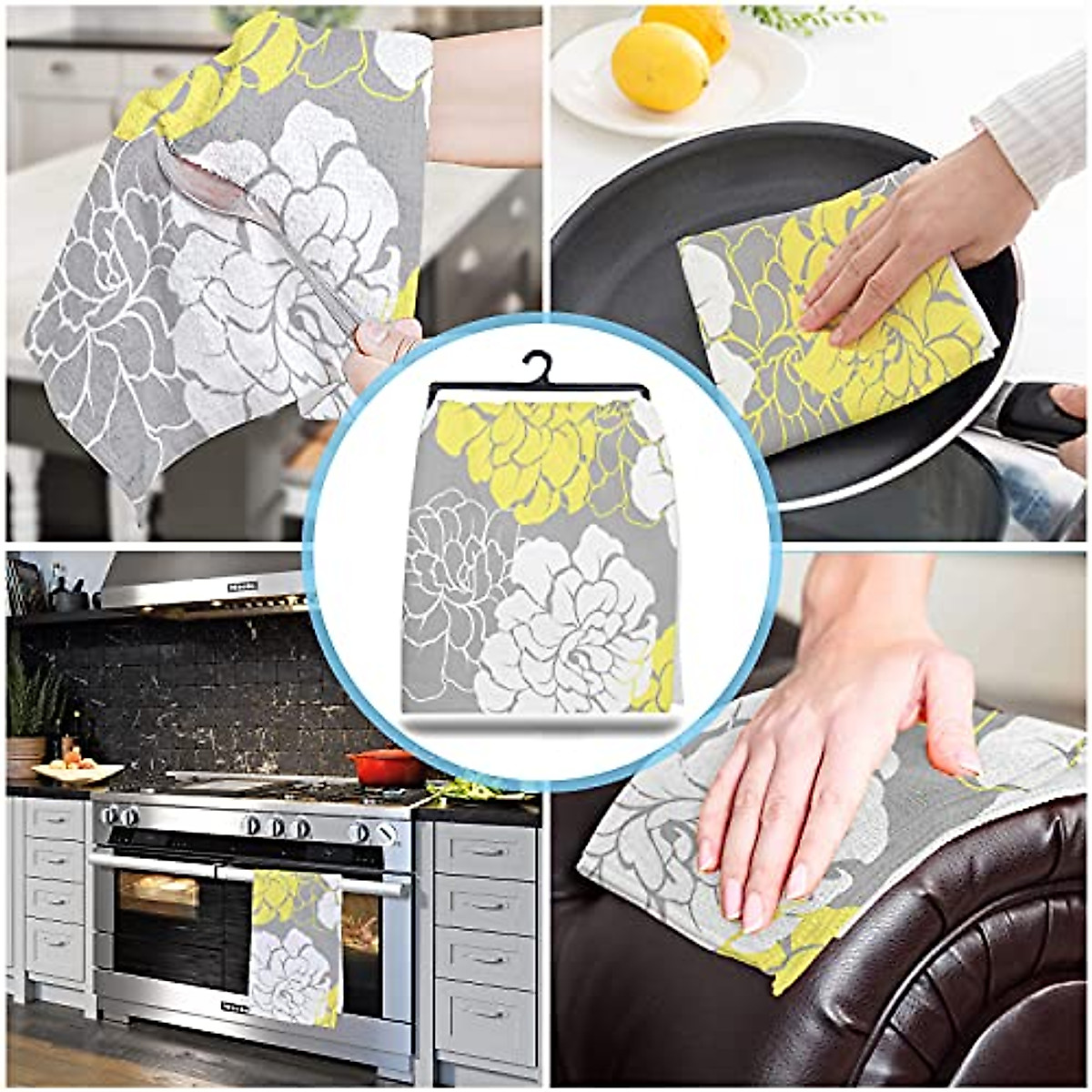 Yun Nist Kitchen Dish Towels,Yellow White Flower Lines Soft Microfiber Dish Cloths Reusable Hand Towels,Watercolor Floral Seamless Grey Washable Tea Towel for Dishes Counters 1 Pack