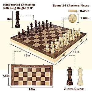 ropoda Magnetic Chess Set, 15" Folding Wooden Chess Board with Foam Storage Slots, Unique Chess Set for Kids and Adults, Portable and Foldable Wooden Board Game & Checkers Game, Including Extra Queens