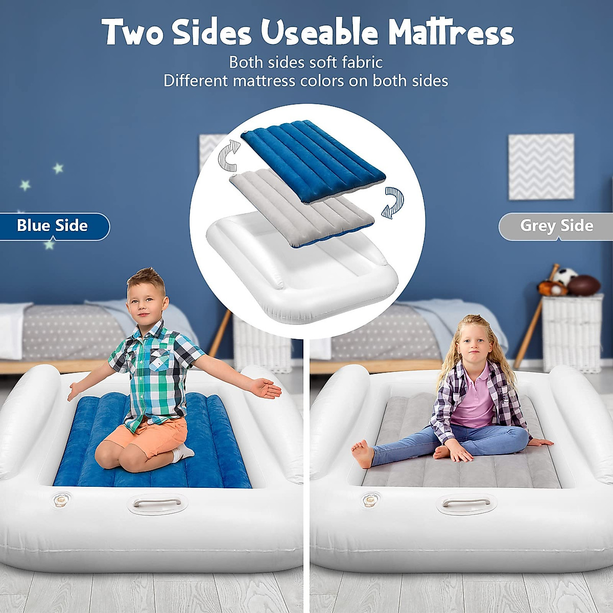 USHMA Toddler Travel Bed, Portable Toddler Bed for Kids | Toddler Air Mattress | Inflatable Travel Toddler Bed | Kids Blow Up Mattress with Sides | Two Sides Usable Kids Air Mattress -Navy Blue & Grey