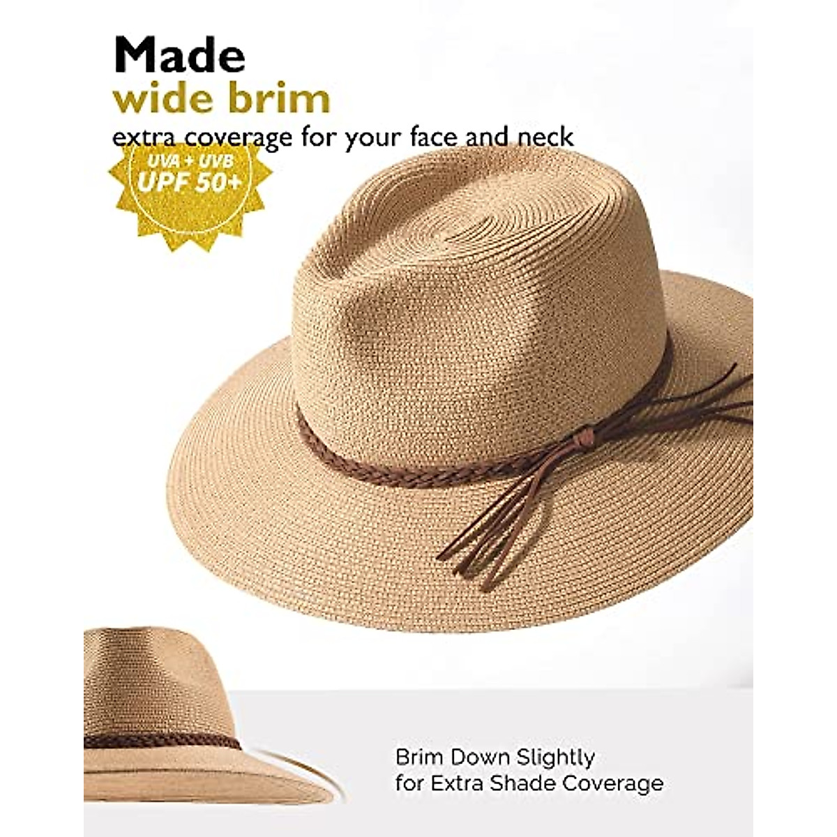 FURTALK Sun Hats for Women Summer Wide Brim UV UPF 50+ Panama Fedora Foldable Packable Straw Beach Hat Khaki