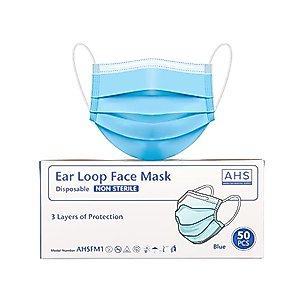 American Hospital Supply (AHS) Earloop Masks Disposable | Adult Face Covering | 3 Ply Disposable Face Mask (Box of 50)
