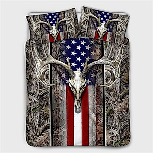 SEANATIVE Quilts Cover Gray Comforter Covers with Pillow Case for Boys Mens American Flag Wood Deer Skull Camo Bedding Set Dormroom Beige Lining Queen Size 88x88inches